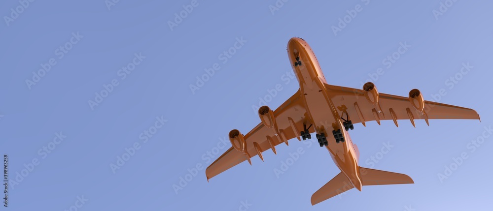 Realistic scene with flying airplane. 3d rendering - illustration Stock ...