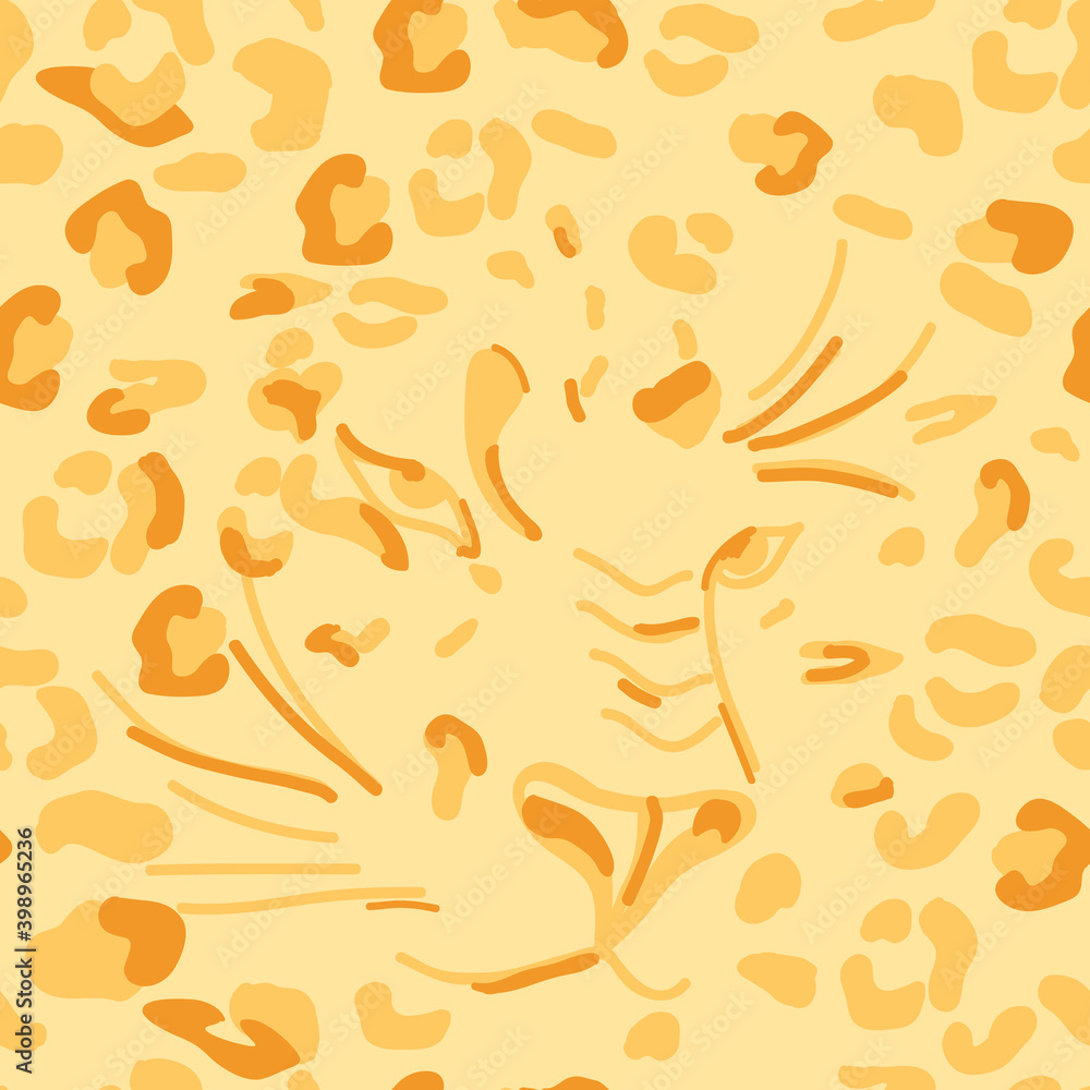 Seamless pattern with leopard face. Yellow orange leopard print. Vector ...