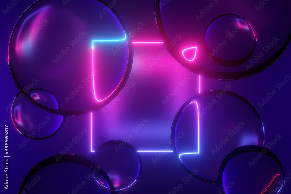 3d render, abstract modern neon background with glass balls and laser ...