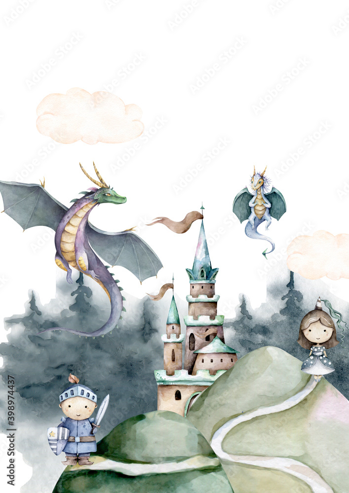 The knight brave cute princess on dragon. Hand drawn watercolor ...