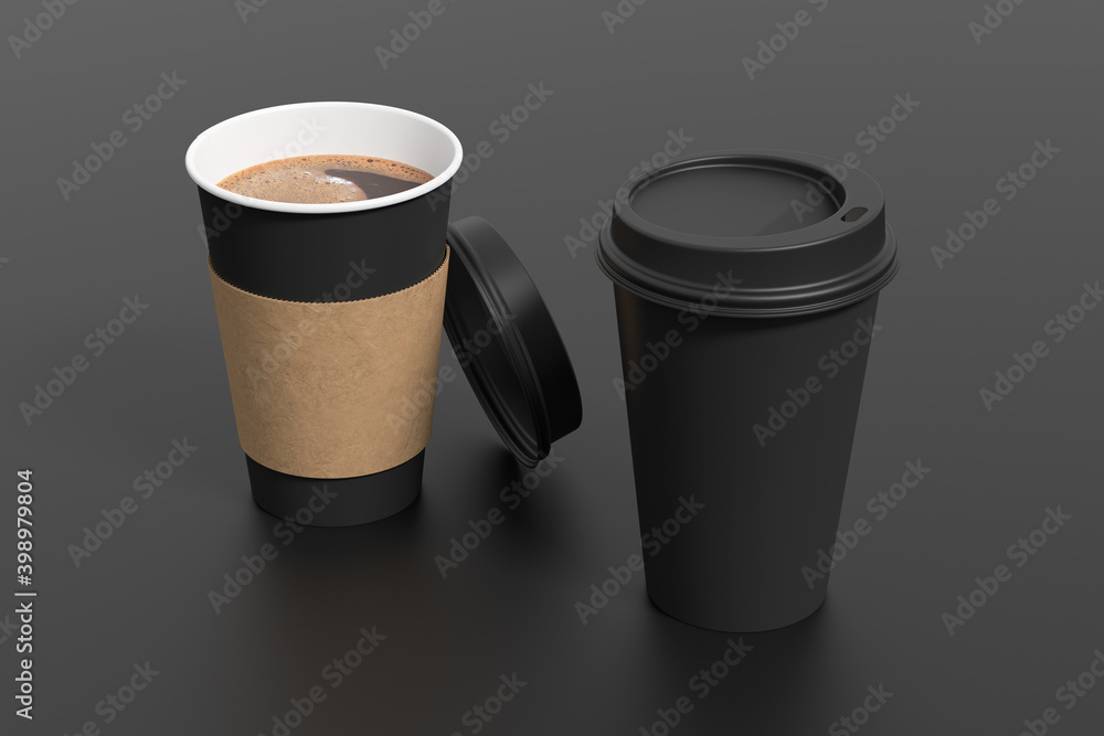Two black take away coffee paper cups mock up with black lids on black ...
