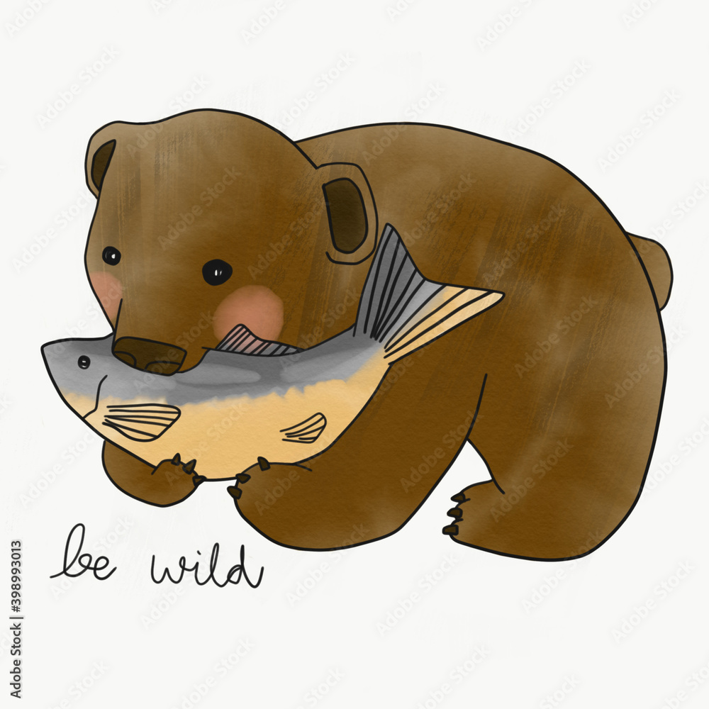 Be wild brown bear with fish cartoon painting illustration Stock ...