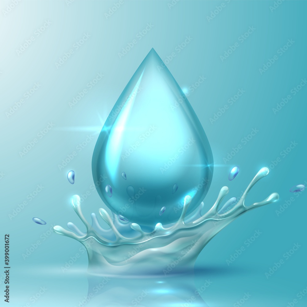 Water drop. Realistic aqua splash, 3D shiny drop with spray from ...