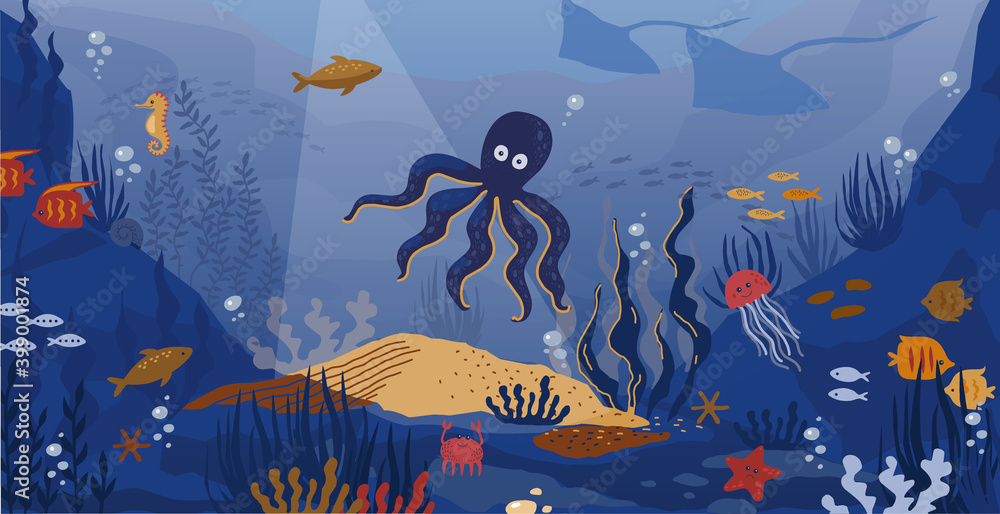 Ocean underwater. Cartoon sea animals and seaweeds. Undersea landscape ...