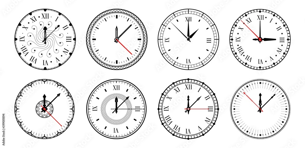 Clock. Realistic watches, circle dial with roman numbers and arrows ...