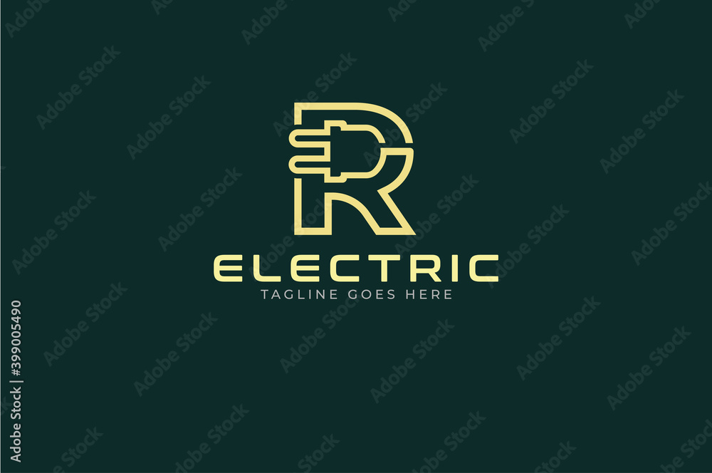 Initial Letter R Electric Logo, yellow monogram line style letter R and ...