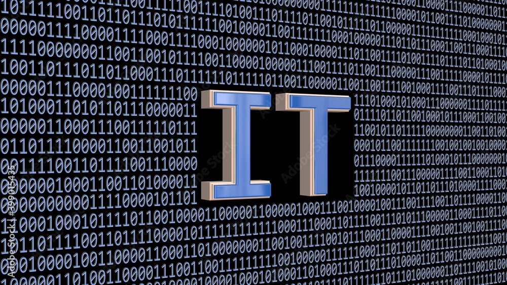 IT sign integrated into wall of binary code colored in light blue on ...