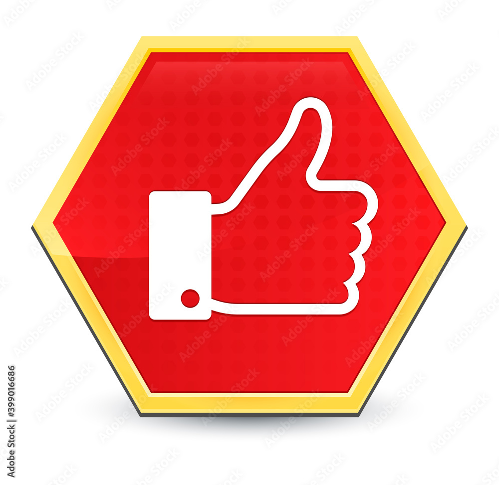 Thumbs up icon abstract red hexagon button bright yellow frame elegant ...