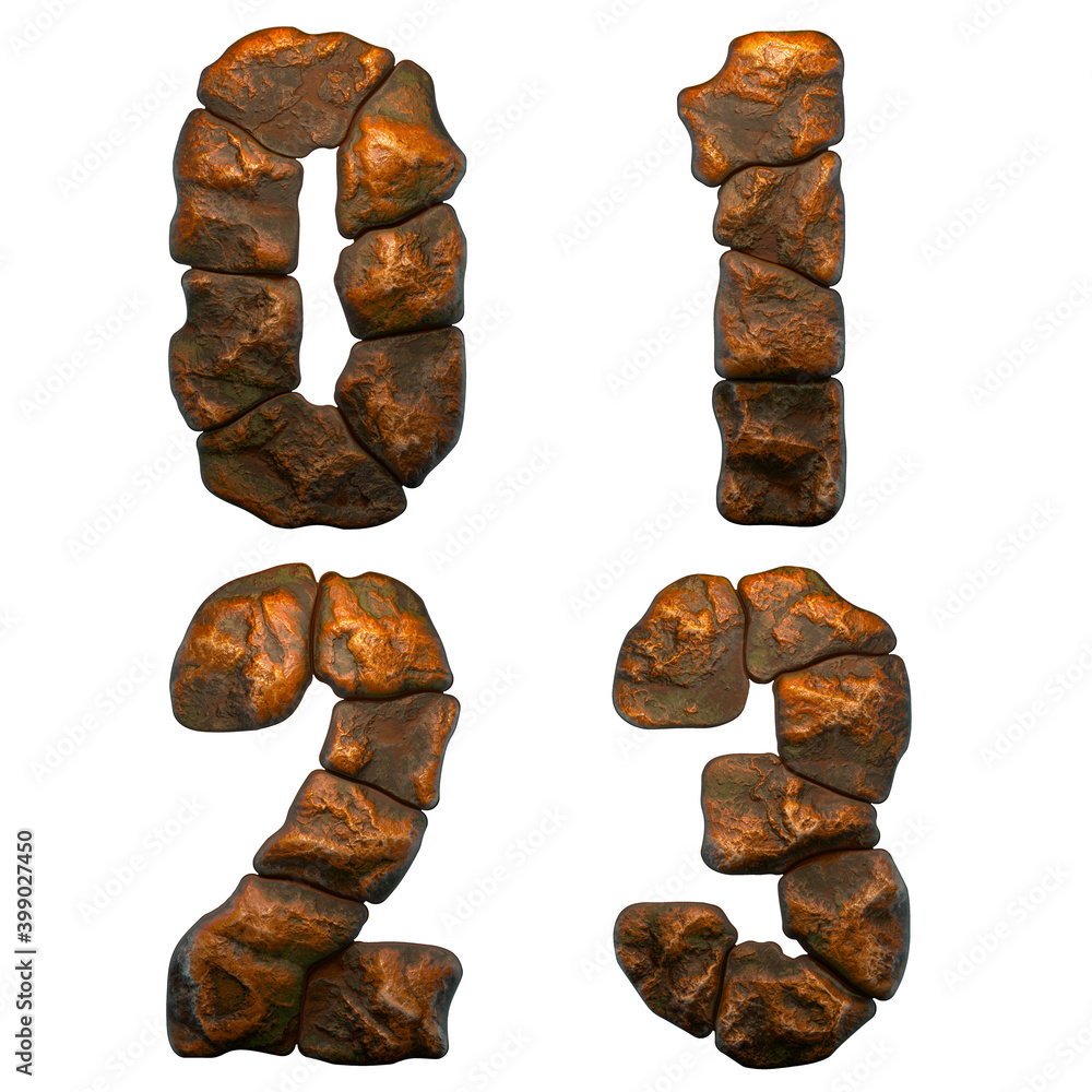 Set of rocky numbers 0, 1, 2, 3. Font of stone on white background. 3d ...