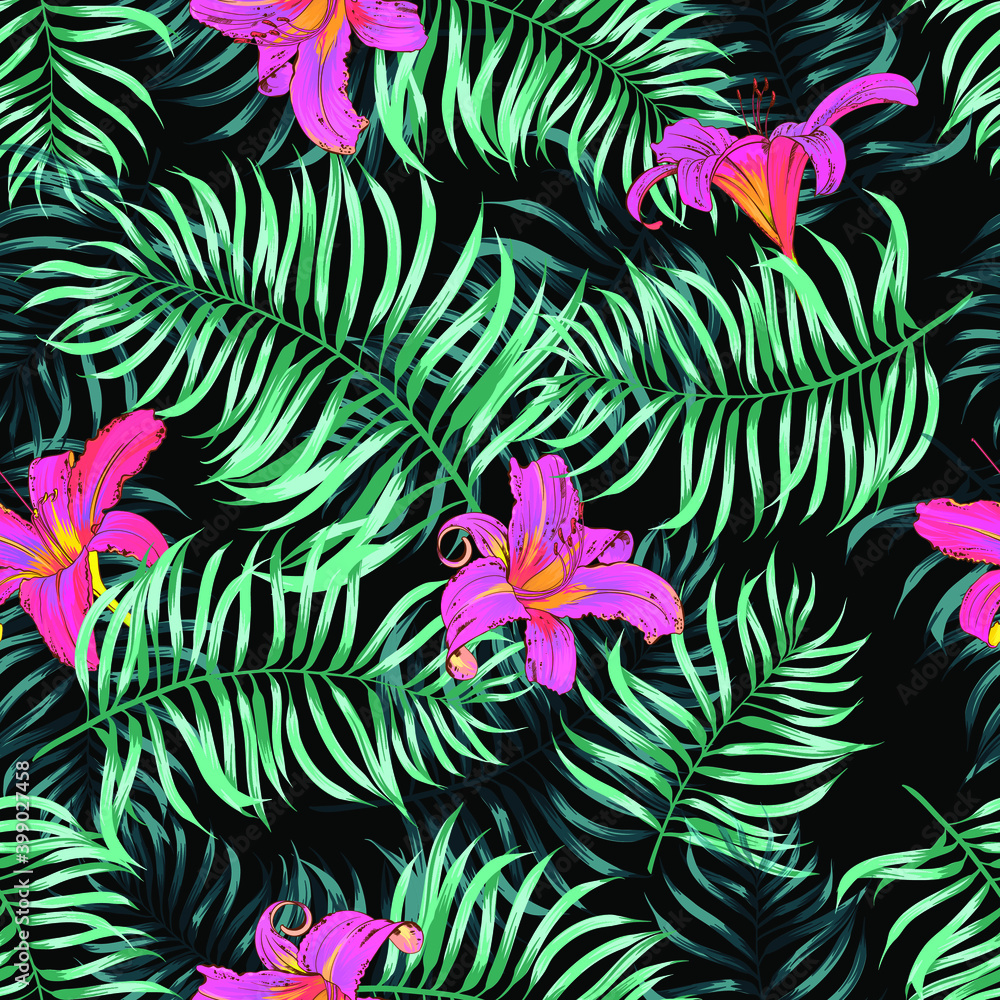 Tropical seamless floral pattern. Pattern with palm leaves. Seamless ...