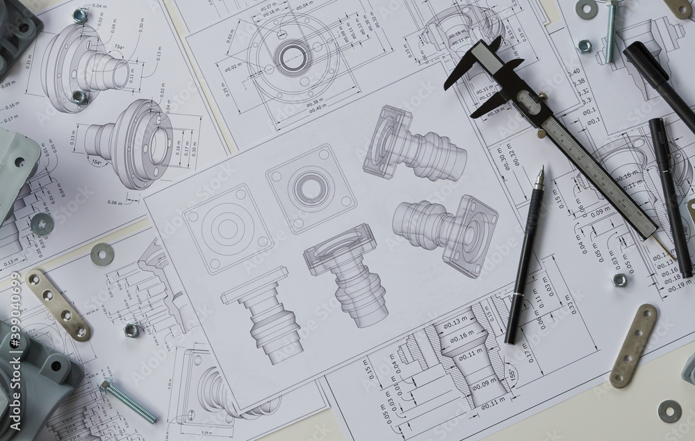 Engineer technician designing drawings mechanical parts engineering ...
