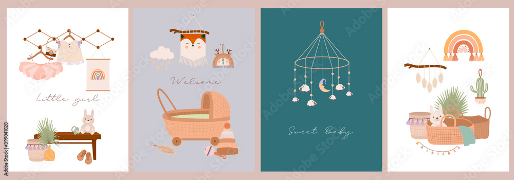 Set of cute boho baby cards in Scandinavian style. Cartoon doodle kids ...