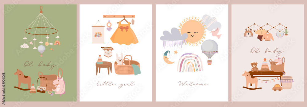 Set of cute boho baby cards in Scandinavian style. Cartoon doodle kids ...