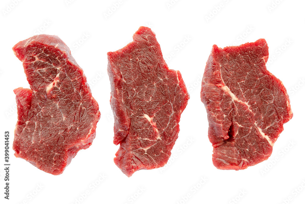 Three pieces of beef meat isolated on white background, clipping path ...