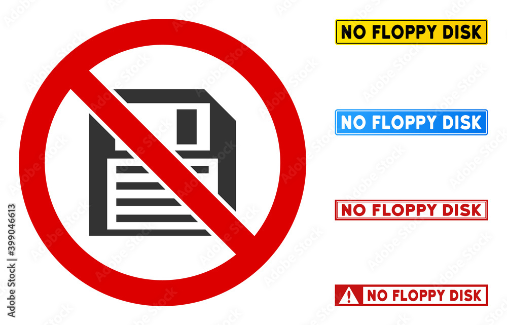 No Floppy Disk sign with badges in rectangle frames. Illustration style ...