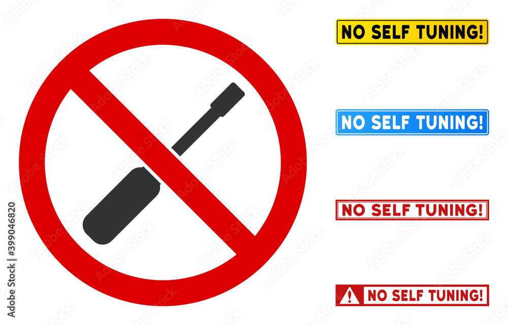 No Tuning sign with badges in rectangular frames. Illustration style is ...
