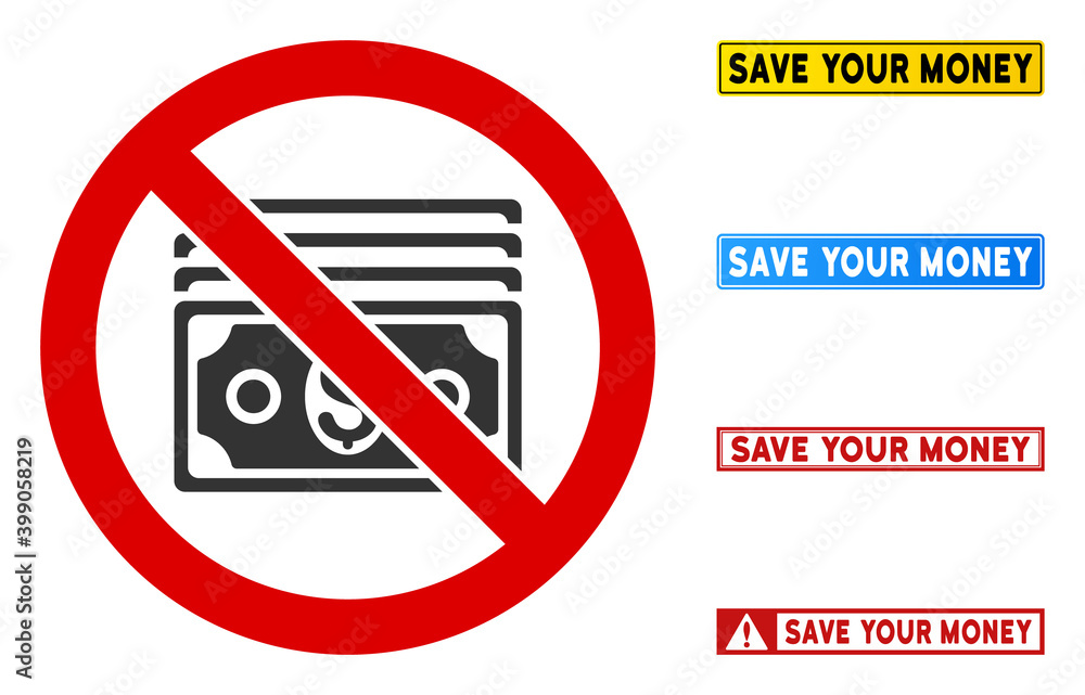 No Dollar Banknotes sign with badges in rectangle frames. Illustration ...