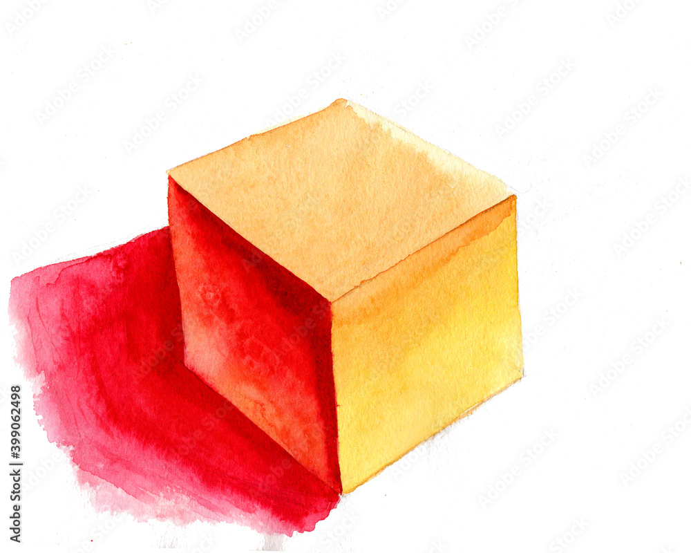 Watercolor yellow and orange cube, parallelepiped with contrast shadow ...
