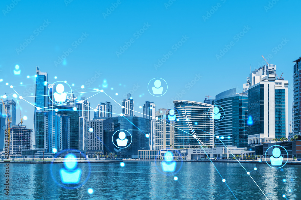 Skyscrapers of Dubai business downtown. International hub of trading ...