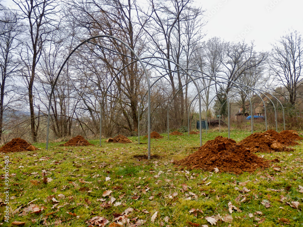 Polytunnel hoops connected to ridge bar and assembled on to the base ...