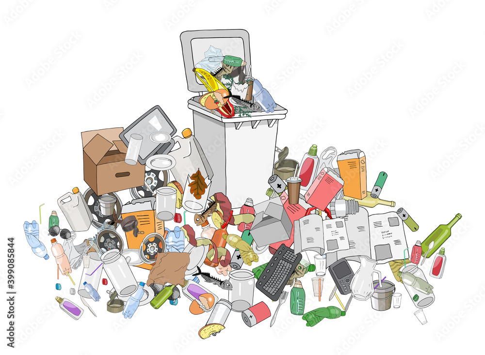 Vector illustration of Trash can. Hand draw collection of different ...