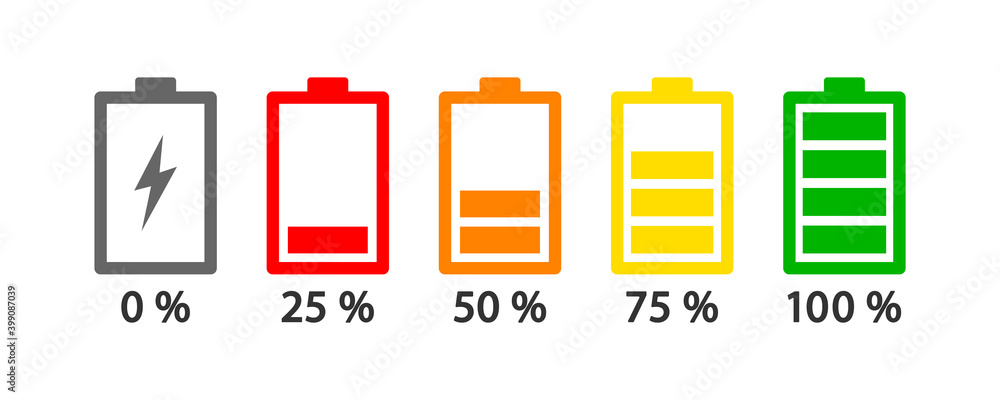 Battery charge level indicators set. Energy storage concept. Battery ...