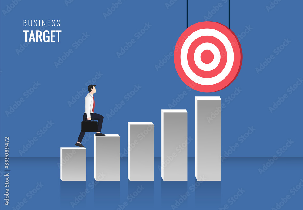 Businessman walking on bars chart to target vector illustration ...