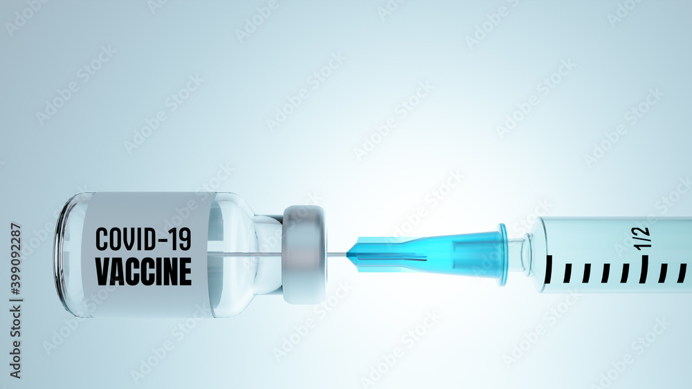 A syringe with a needle is inserted into the vial, labeled word Covid ...