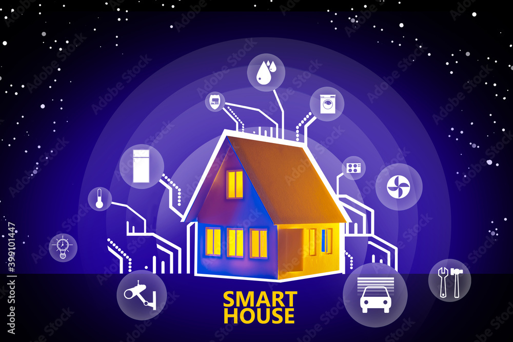 Smart house logo next to cottage. Layout of a cottage on a dark ...