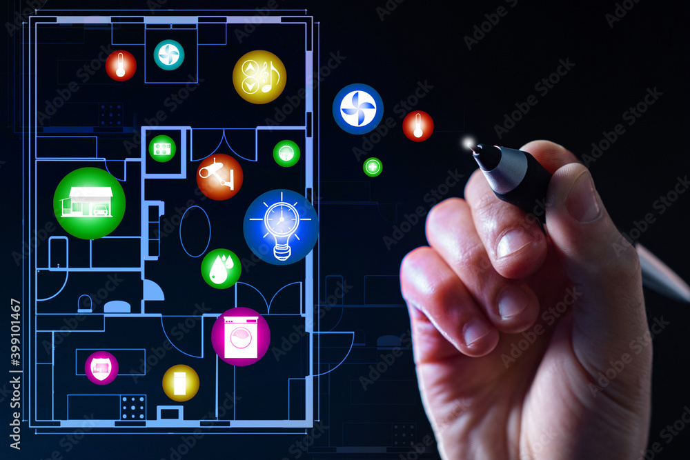 Smart home concept. System management by smart home via wifi ...