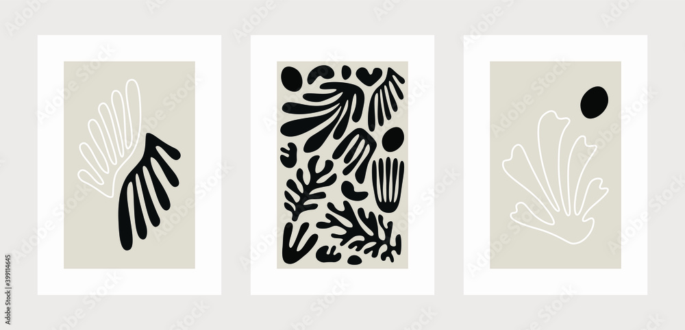 Contemporary poster set. Abstract matisse inspired floral collage, organic shapes, hand drawn ...