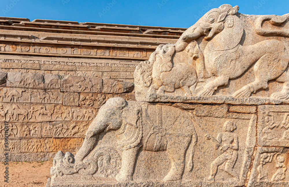 Hampi, Karnataka, India - November 4, 2013: Part of base of Mahanavami ...