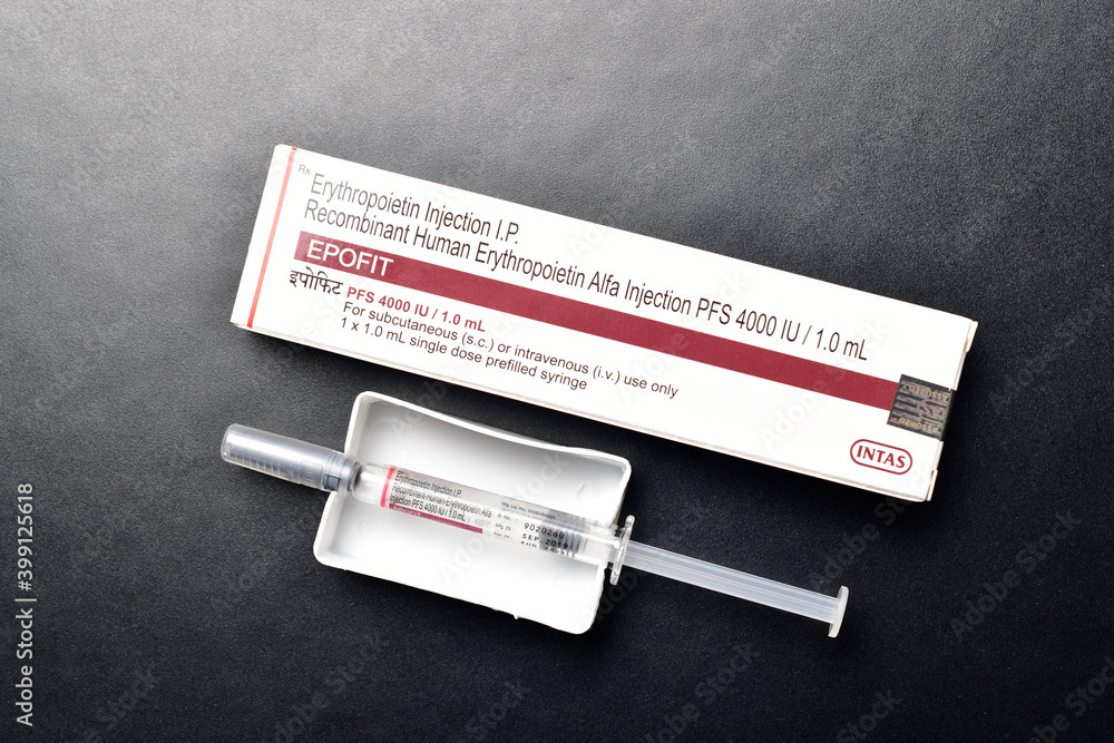 Delhi, india, December 10, 2019: erythropoietin injection with the box ...