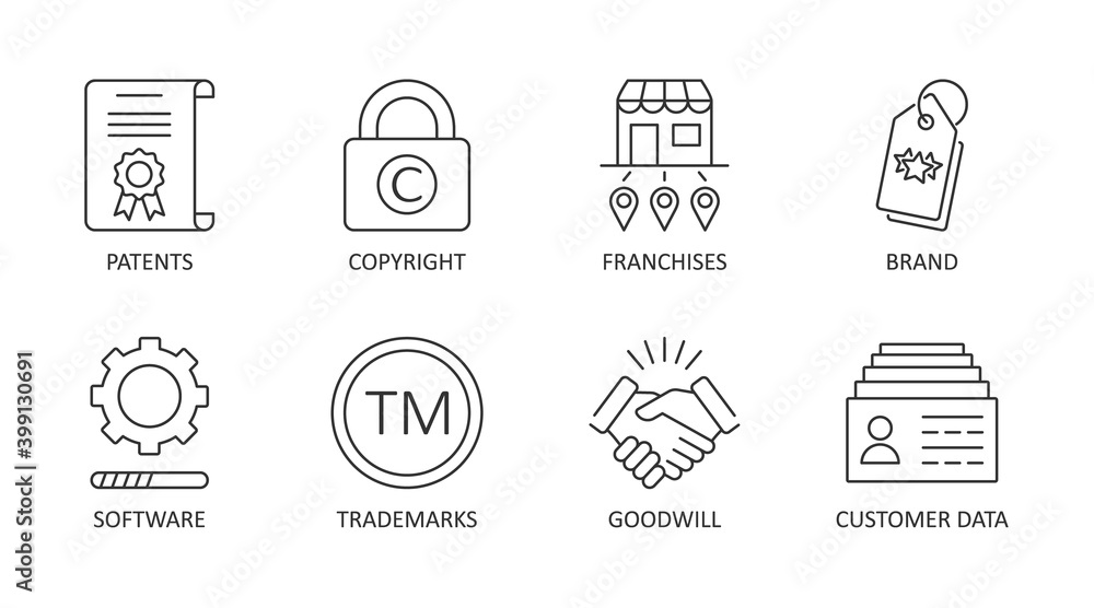 Vector icons of intangible assets. Editable stroke. Business set ...