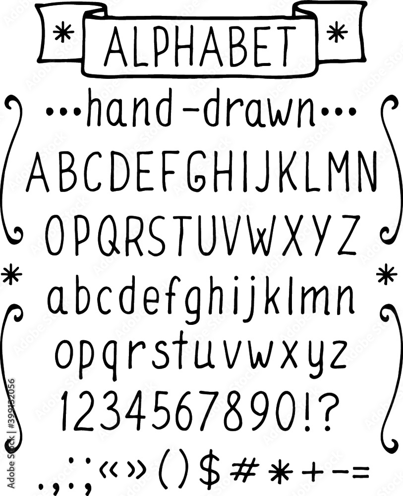 Vector alphabet. Hand-drawn sketches on a white background. Large and ...