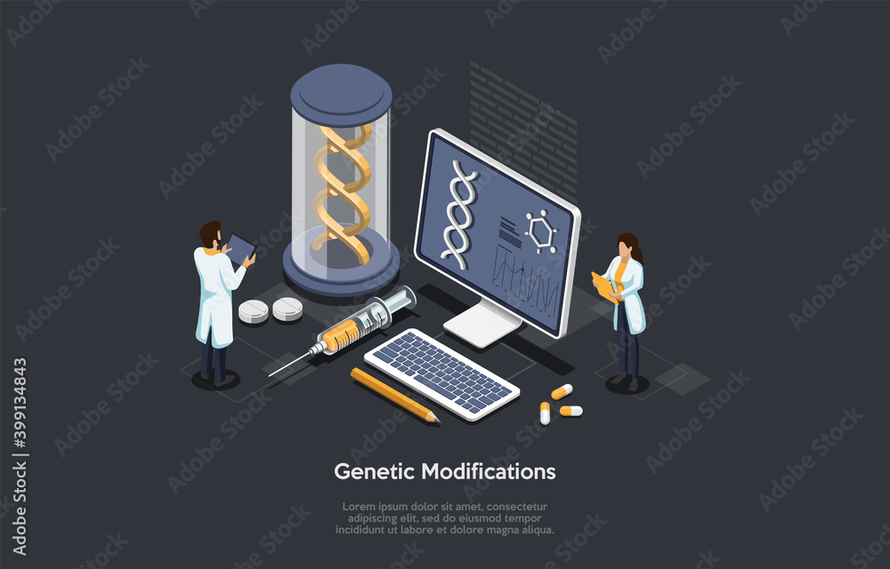 Genetic Modifications Concept Vector Illustration In Cartoon 3d Style Isometric Composition On
