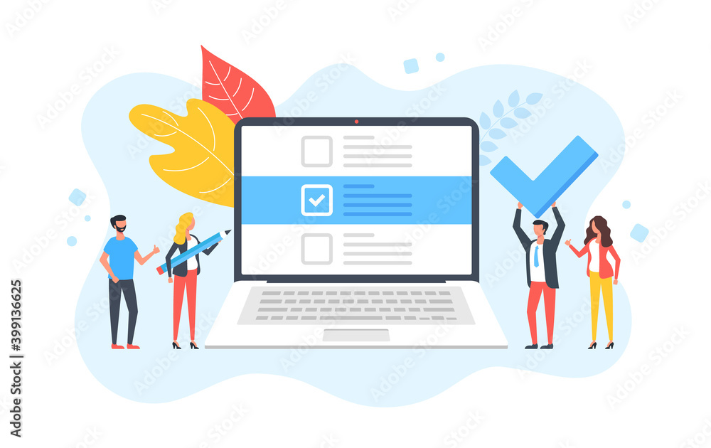 Checklist. Group of people and laptop with check list on screen. Online ...