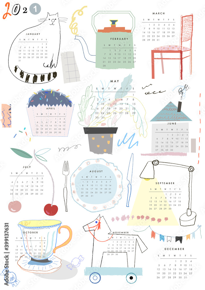 Cozy hand drawn calendar 2021. Vector. Stock Vector | Adobe Stock