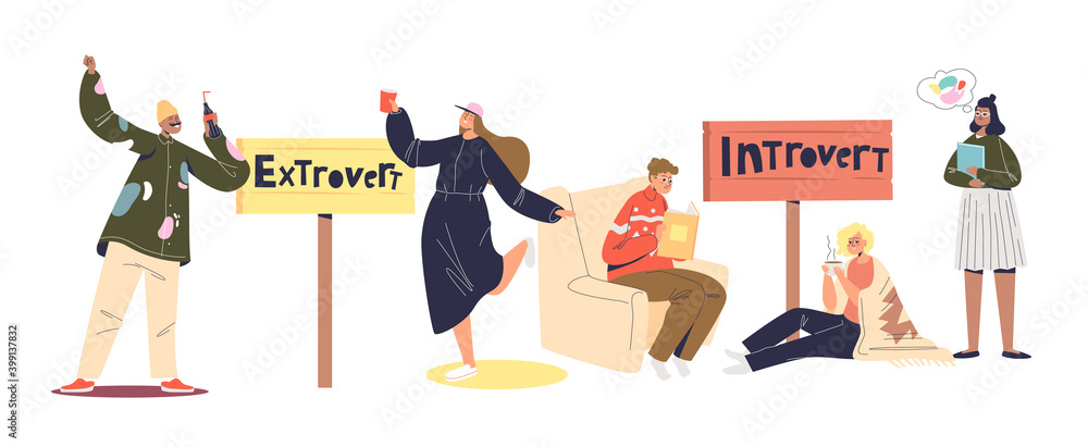 Extravert and introvert cartoon characters. Set of people of ...