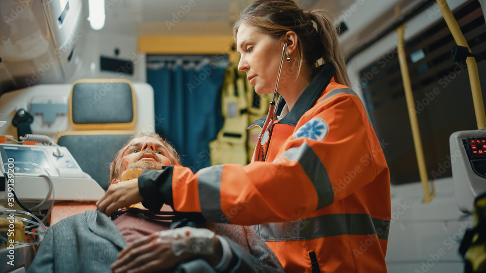 Female Professional EMS Paramedic Ride to Healthcare Hospital with ...