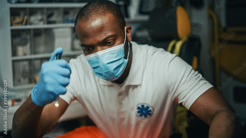 EMS Paramedic Wear Face Mask on the Ambulance Ride to Healthcare ...