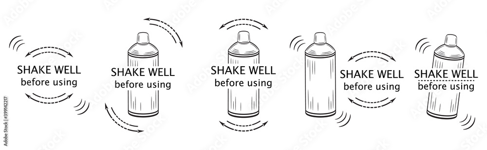 Shake well before using icon set. Shaker bottle outline with arrows and ...