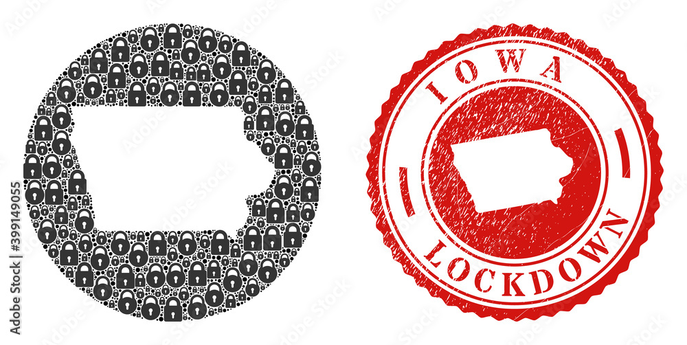 Vector mosaic Iowa State map of locks and grunge LOCKDOWN stamp. Mosaic ...