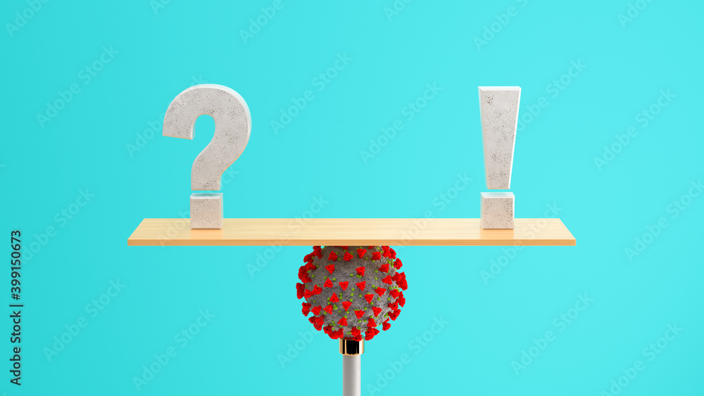 exclamation mark and question mark balancing on a corona virus in front ...
