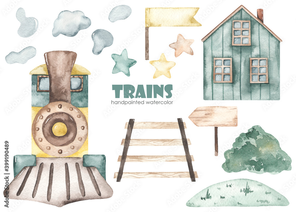 Watercolor kids set with cute cartoon train in front of house, railroad ...