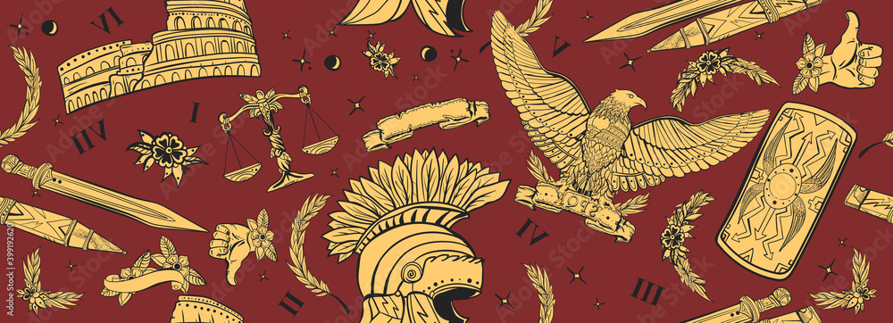 Roman eagle, spartan helmet, sword, shield and Colosseum. History of ...