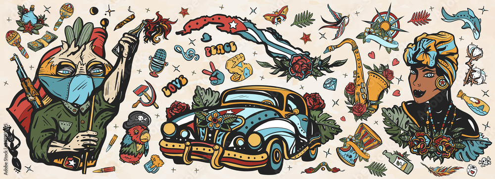 Cuba old school tattoo vector collection. Havana retro cars ...