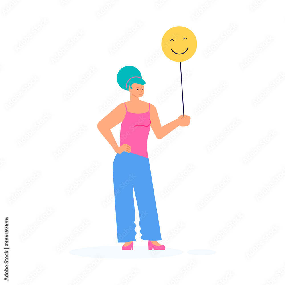 Woman with smile emoticon sign giving her choice for feedback vector ...