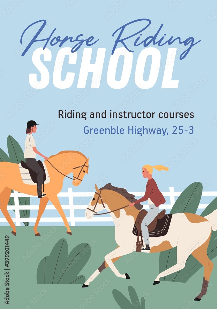 Advertising colorful poster for horse riding school. Promotional ...
