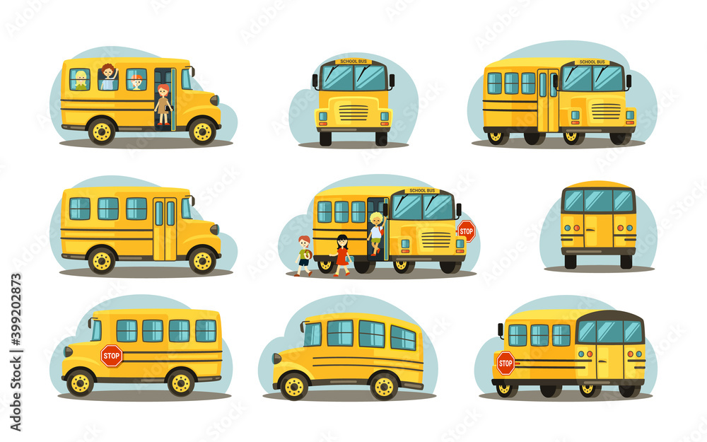 School bus in various forms. Passenger yellow car with joyful children ...